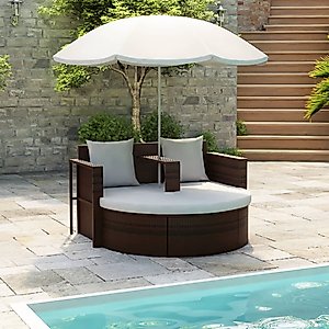 QZZCED Patio Bed with Parasol,Pool Lounge Chairs,Outdoor Chaise Lounge,Patio Lounge Chair,Outdoor Furniture,Outdoor Garden Chair,for Pool Side,Balcony,Beach,Yard, Brown Poly Rattan