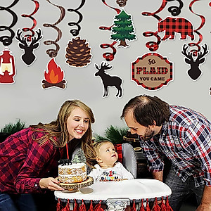 Levfla 30CT Lumberjack Party Hanging Swirls Decoration Buffalo Plaid Kids Birthday Photo Props Camping Ideas Bears Cutouts S'More Fun Door Whirls Signs Baby Shower Favor Supplies