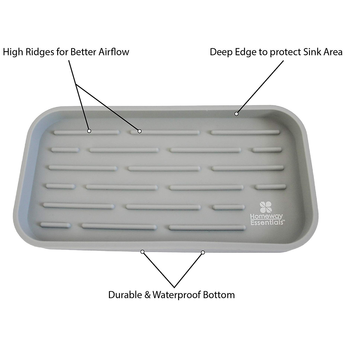 Homeway Essentials Kitchen Sink Organizer | Soap Caddy and Sponge Holder | Silicone Tray for Sponges, Soap Dispenser, Scrubber and Other Dishwashing Accessories - Gray