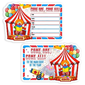 MUZRUYOU Carnival Circus Birthday Party Invitations card for Kids with Envelopes, Carnival Circus Party Supplies(20set