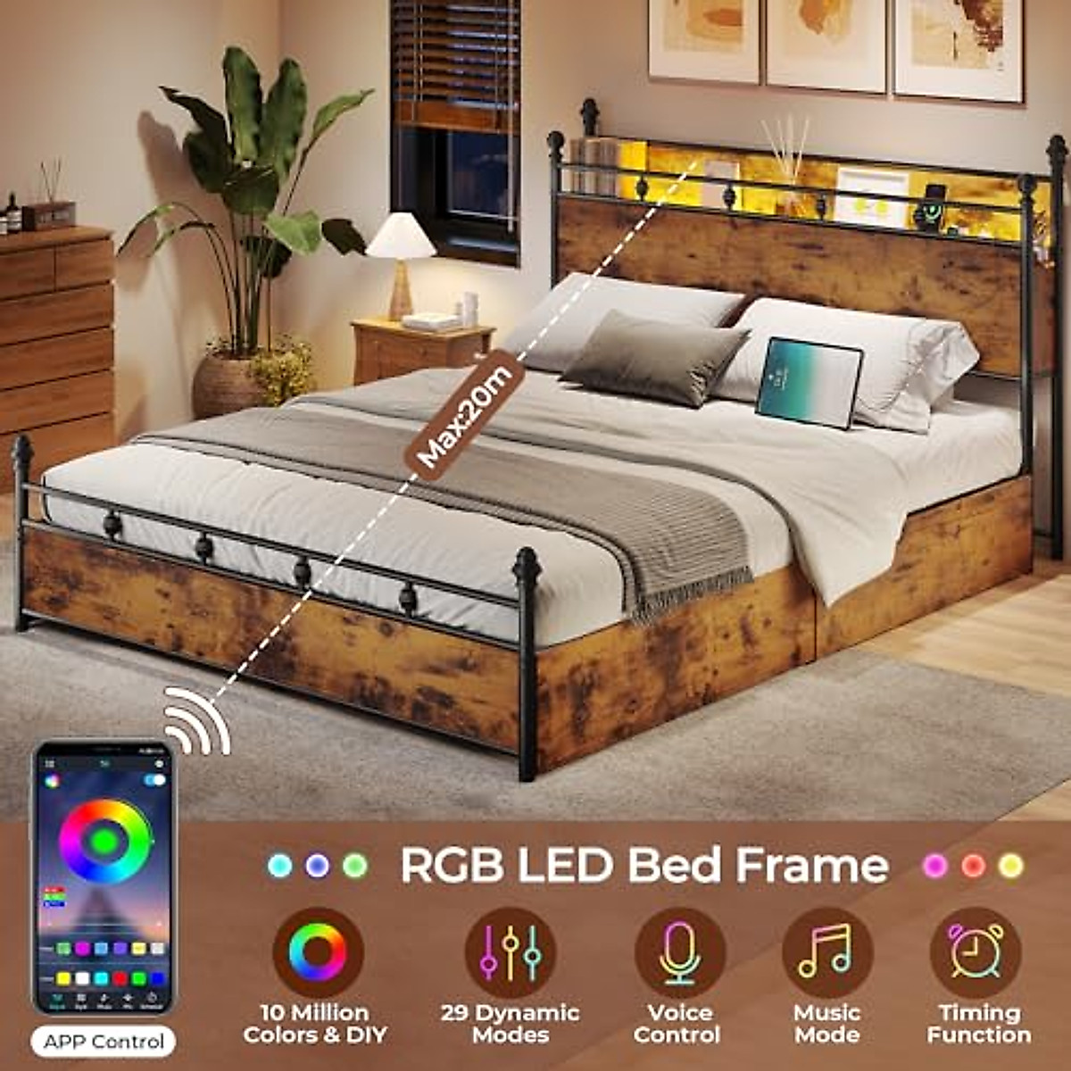 FORABAMB Queen Bed Frame with 4 Drawers, LED Bed Frame Queen Size with Headboard and Charging Station, Metal Platform Bed with Storage, No Box Spring Needed, Easy Assembly, Rustic Brown