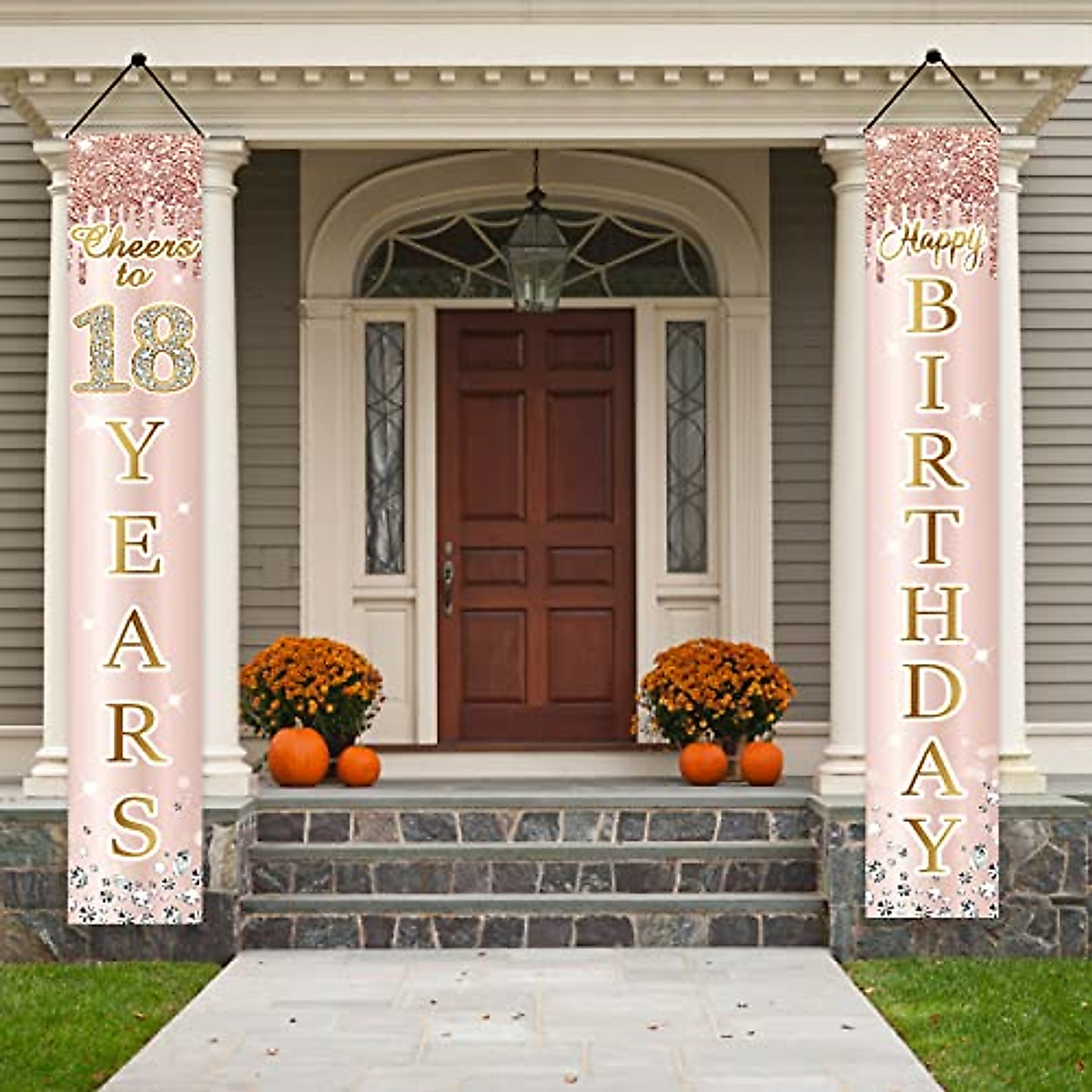 18th Birthday Door Banner Decorations for Girls, Pink Rose Gold Happy Eighteen Birthday Door Porch Backdrop Party Supplies, Happy Birthday Cheers To 18 Years Sign Decor