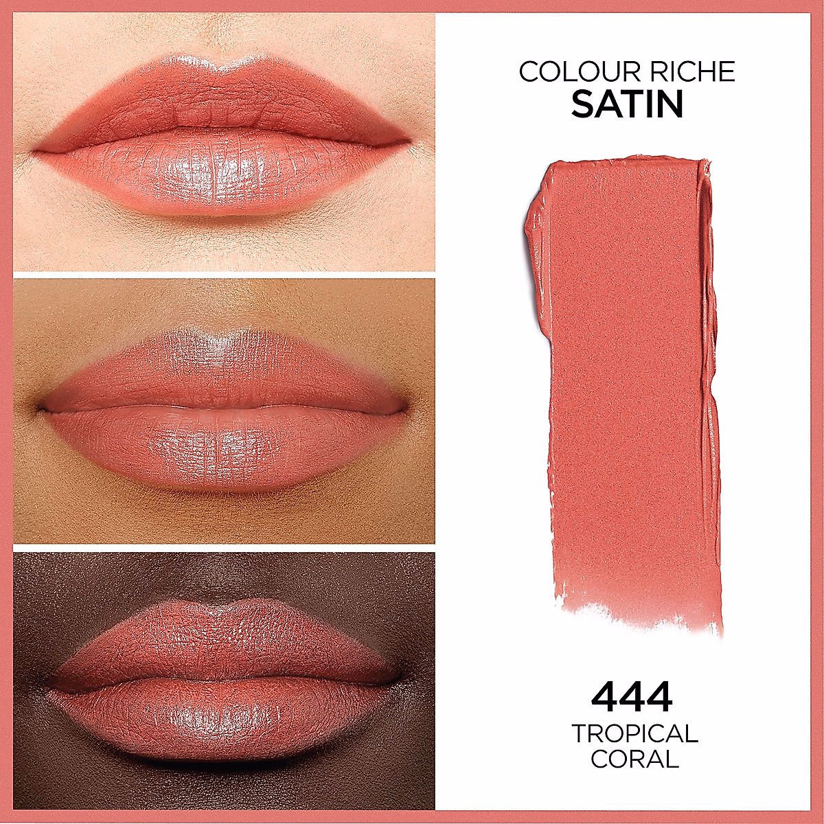 L’Oréal Paris Colour Riche Original Creamy, Hydrating Satin Lipstick with Argan Oil and Vitamin E, Tropical Coral , 1 Count