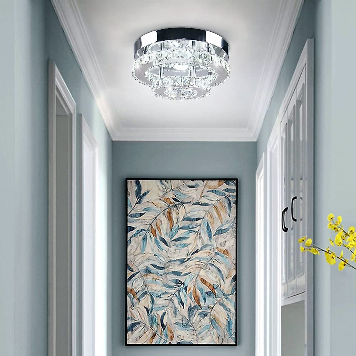 Cainjiazh Mini Chandelier LED Crystal Ceiling Light 2 Layers Flush Mount Ceiling Light Modern Chandelier Lighting for Hallway Staircase Kitchen Bathroom (Cool White)