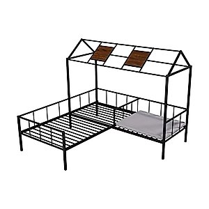 RIDFY Bed Frames with Seating Area, Modern Twin Platform Bed Frame with House Roof, Metal Bedframe, Camas Mattress Foundation/Noise Free/No Box Spring Needed/Easy Assemble