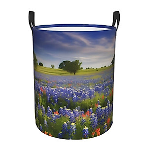 Round Laundry Basket with Handles Waterproof Laundry Hamper for Bathroom Texas Bluebonnets Scenery Circular Storage Basket Lightweight Organizer Basket for Dirty Clothes Dirty Clothes Hamper