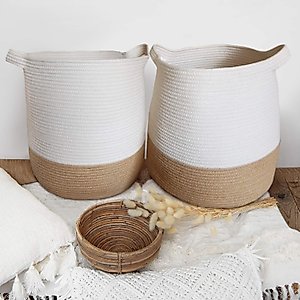 Large Woven Storage Baskets (Set of 2) Decorative Blanket Basket for Living Room, Toys, Pillows, Nursery or Towels. Laundry Hamper. Baskets for Organizing. Cotton Rope Baskets