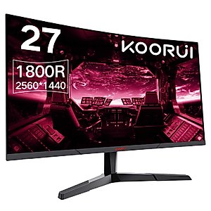 KOORUI 27" WQHD 2560x1440 Curved Gaming Monitor, 144Hz Refresh 1800R Computer Monitor, 1ms with AdaptiveSync Monitor, Low Blue Light, Eye Care, DP1.2+HDMI*2, VESA Compatible - Black