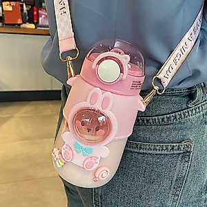 Kawaii Bear Water Bottle with Straw and Shoulder Strap, 25oz Cute Large Capacity Water Bottles with 3D Stickers for Girls, School(Pink)