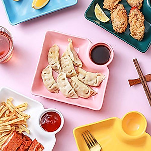 KOWMcp Dinner Plates Ceramic Dinner Plate, Ceramic Dumpling Plate with Vinegar Dish, White Yellow Green Pink, 18.3 * 4cm Japanese Tableware (Color : Yellow)