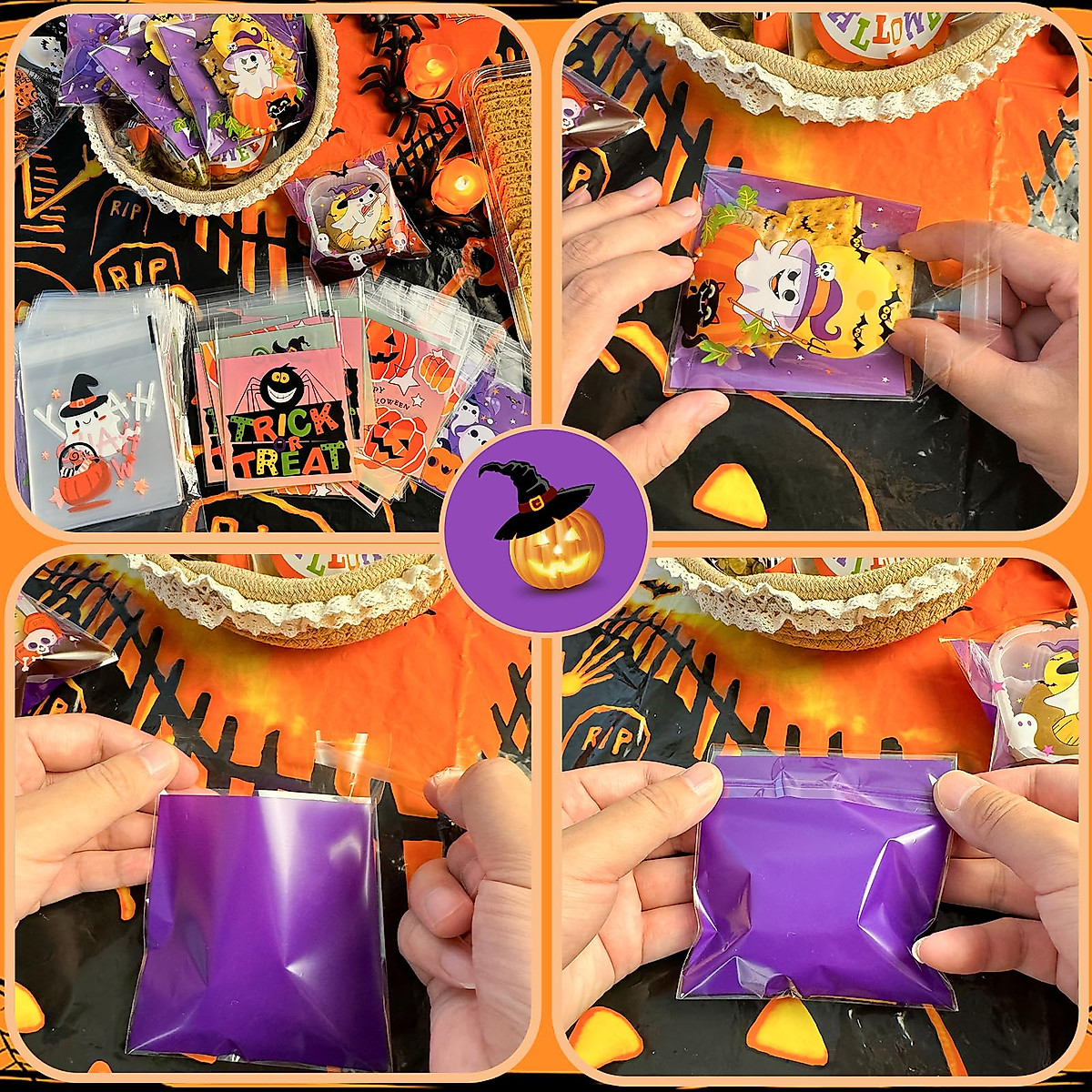 SHBLOMK 450PCS Halloween Cellophane Candy Bags, 9 Styles Self-adhesive Trick Candy Bags, Goodie Cookie Gift Bags for Halloween Party Favors Wrapping