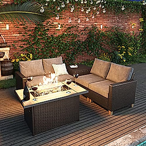 Grand patio Sofa Sets 6 Pieces Luxury Conversation Set with Fire Pit Table, Heavy Duty Rattan Patio Furniture Sectional with Thick Cushions for Yard Garden Porch(Brown Set with Fire Table, 6 PCS)