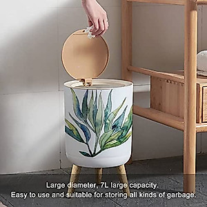 Trash Can with Lid Green Aquatic Underwater Nature Coral Reef Tropical Plant sea and Press Cover Small Garbage Bin Round with Wooden Legs Waste Basket for Bathroom Kitchen Bedroom 7L/1.8 Gallon