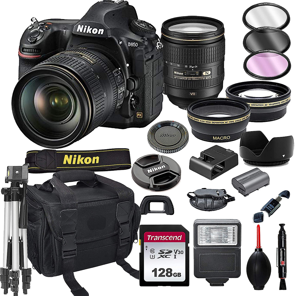 Nikon D850 DSLR Camera with 24-120mm VR Lens Bundle + 128GB Card, Tripod, Flash, and More (20pc Bundle) (Renewed)