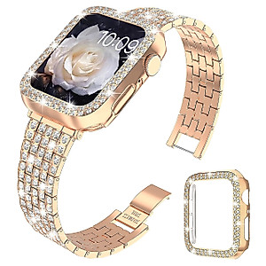 QVLANG Compatible for Apple Watch Band 40mm Series 6/5/4/SE, Diamond Rhinestone Case + Women Bling Band Stainless Steel Metal Bracelet for iWatch (Rose Gold, 40mm)