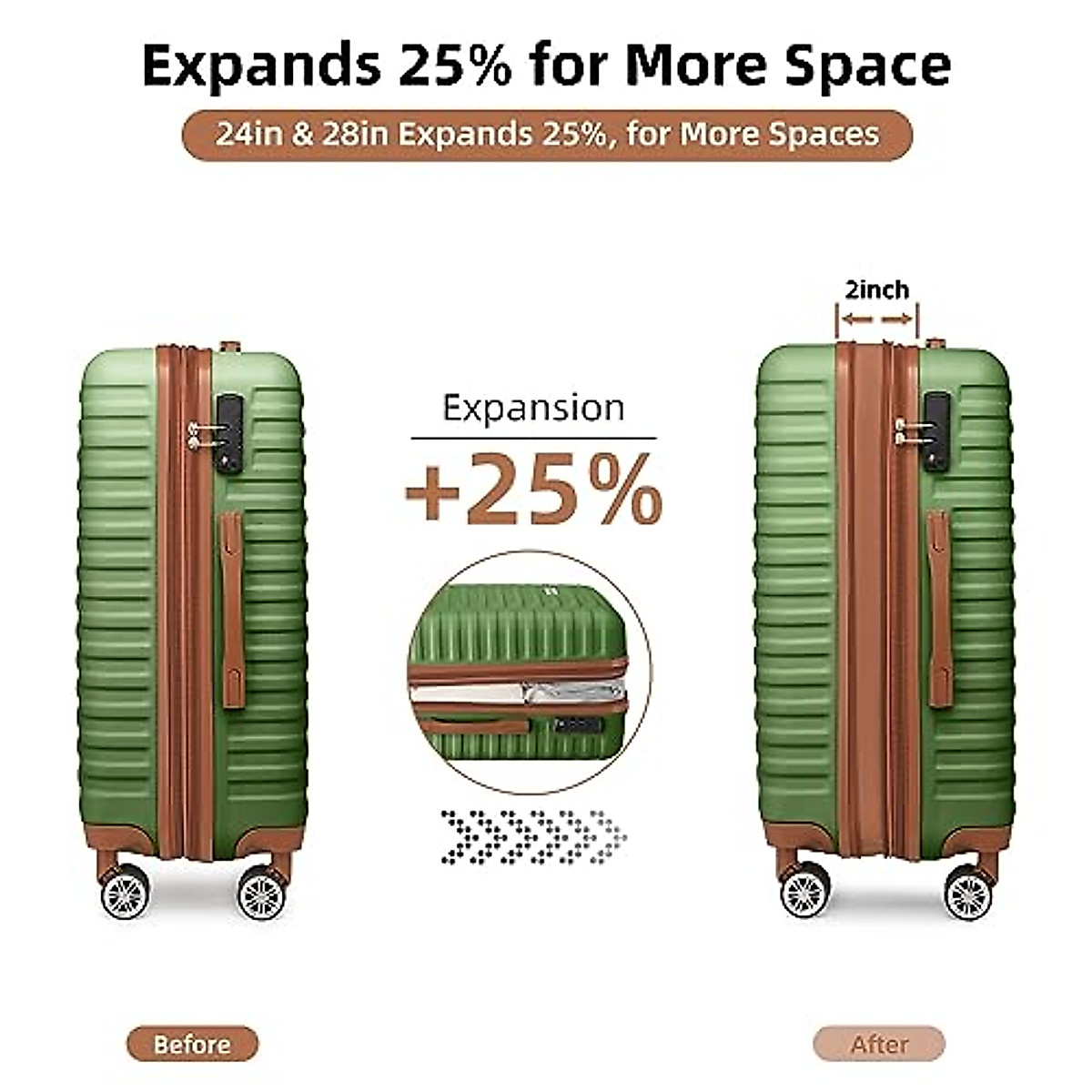 LARVENDER Luggage Sets 4 Piece, Expandable(Only 24"&28") ABS Suitcase with 360° Spinner Wheels, Durable Luggage Sets Clearance Carry On Luggage Suitcase Set For Women Men, Green