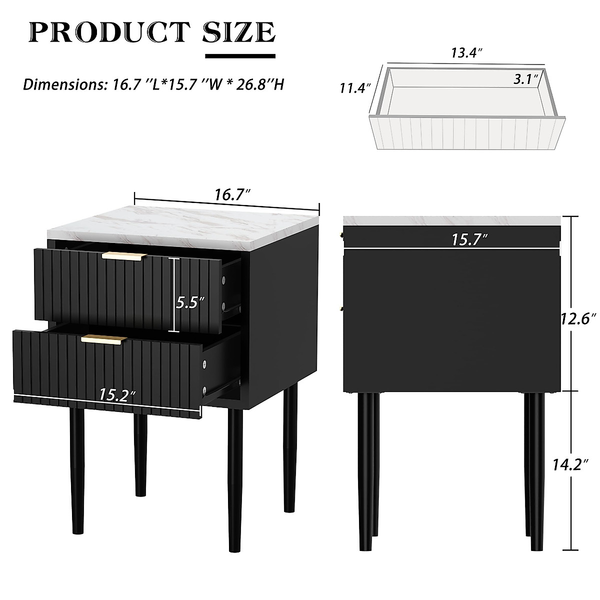 Anbuy Black Marble Nightstands Set of 2 with Gold Handle, Striped Night Stand with Drawers, End Side Table with Faux Marble Top, 2 Drawers End Table Metal Legs for Bedroom, Living Room