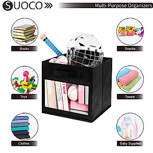 SUOCO Cube Storage Bins with Clear Window, Foldable Fabric Baskets Boxes for Shelf Closet Organizer, Nursery and Kids Room, 8 Pack, Black