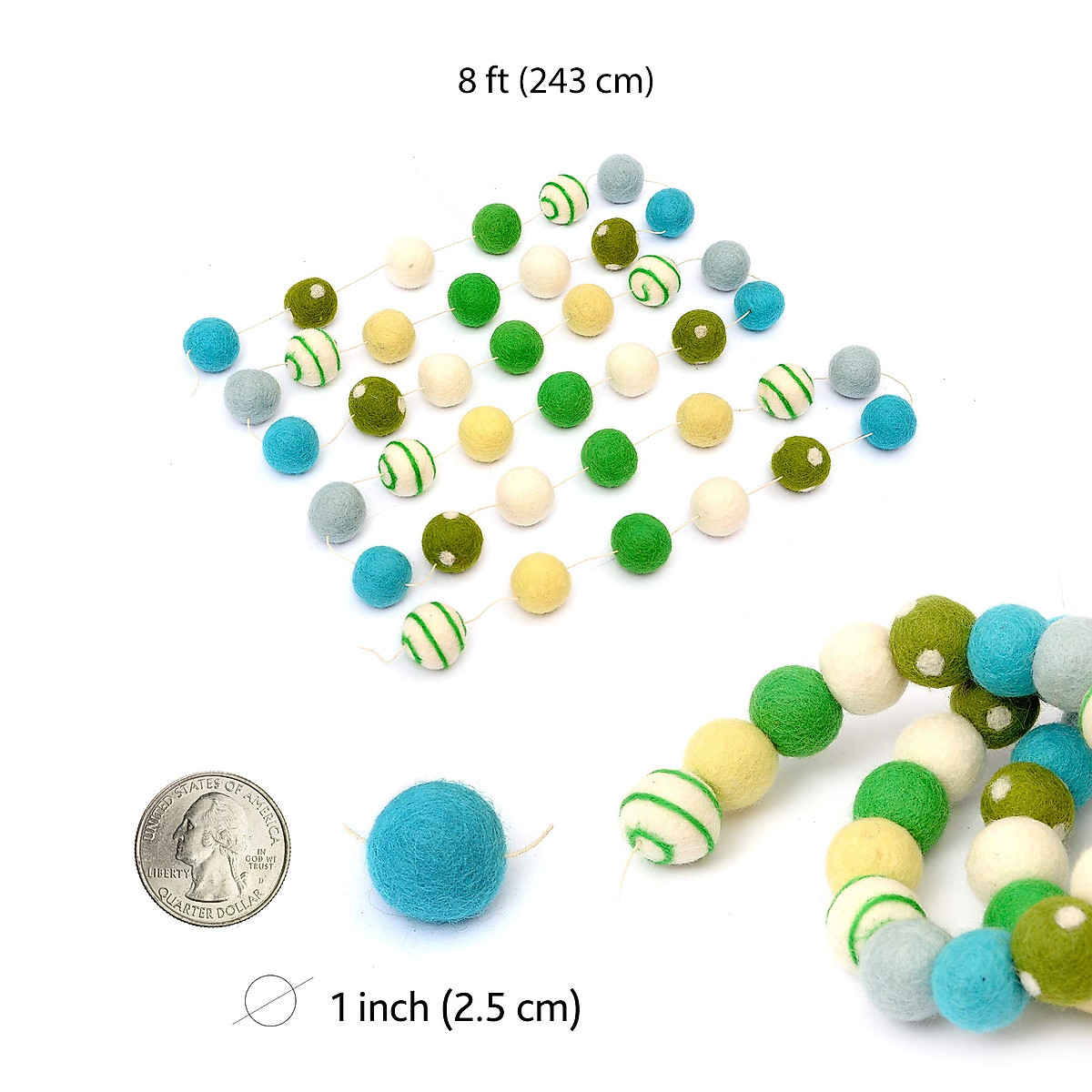 Glaciart One St. Patrick's Day Felt Ball Garland - Pre-Assembled Irish Party Decoration - Pompom Party Decor - 100% Natural Wool Pom Poms with Cotton String - 8 Feet