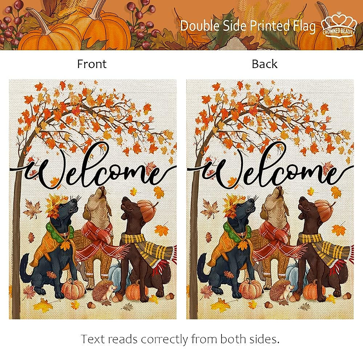 CROWNED BEAUTY Fall Dogs Garden Flag 12x18 Inch Double Sided for Outside Welcome Maple Leaves Small Burlap Seasonal Autumn Yard Decoration