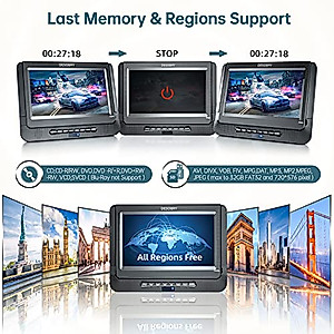 10'' Car DVD Player Dual Screen DESOBRY Portable DVD Players for Car with HD Transmission 5-Hour Rechargeable Battery Headrest DVD Player Suport USB TF Card All Region Free Last Memory Function