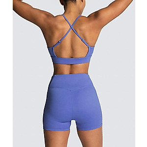 IWEMEK Workout Sets for Women 2 Piece Yoga Tracksuits Outfits High Waisted Running Biker Shorts with Adjustable Strap Sport Bra Exercise Running Gym Clothes Sets Blue Small