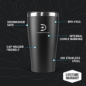 DrinkTanks - Insulated Craft Cup, Stainless Steel Cup, 16 oz Tumbler with Lid, Stainless Steel Tumbler for Water, Coffee, Beer, Cocktails, Wine, & Kombucha (Obsidian)