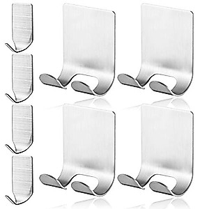 8 Pcs Self Adhesive Metal Dual Wall Hooks, FineGood Stainless Steel Waterproof Hanger Wall Mounted Double Hooks Heavy Duty Sticky Utility Storage Hooks for Bathroom Bedroom Kitchen