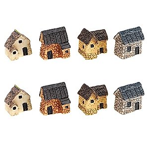 2 Sets (8PCS) Dollhouse Village Stone Houses Resin Miniature Gardening Landscape Simulation Cottage House Fairy Garden Decoration for Dollhouse Decor