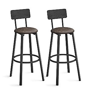 VASAGLE Bar Stools, Set of 2 PU Upholstered Breakfast Stools, 29.7-Inch Barstools with Back and Footrest, Simple Assembly, for Dining Room Kitchen Counter, Classic Black and Coffee Brown ULBC069B82