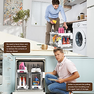 GAOLINE 2 Pack 2 Tier Under Sink Organizers and Storage,Under Bathroom Cabinet Organizer with Hooks Hanging Cup, Double Sliding Drawers Cabinet Basket Organizer for Bathroom, Up to 14.5 inches, White