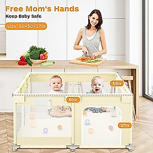 ZESHWER Baby Playpen with Gate, Play Pens for Babies and Toddlers, Play Yard for Baby, 50"x50" Baby Fence, Activity Center for Baby, Sturdy Safety Playpen with Anti-Slip Base, Beige