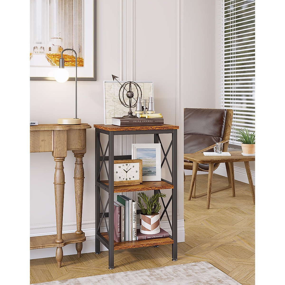 YMYNY 3 Tiers Bookcase, Industrial Metal Bookshelf with Side Fence, Storage Organizer for Living Room, Home Office, Bedroom, Display Racks, Sofa Side Table, Rustic Brown, 29.5*15.75*11.4" UHST008H