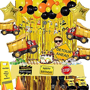 Construction Theme Birthday Party Decorations Kit Dumb Truck Excavator Crane Banner Foil Curtain Tablecloth Balloons for Boys 1st 2nd 3rd 4th 5th Birthday Party, Baby Shower Supplies.