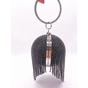 Womans Round Ball Clutch Handbag Dazzling Full Rhinestone Tassles Ring Handle Purse Evening Bag Women Round Ball Crystal Evening Clutch Purse Tassel Wedding Party Handbags (Black)