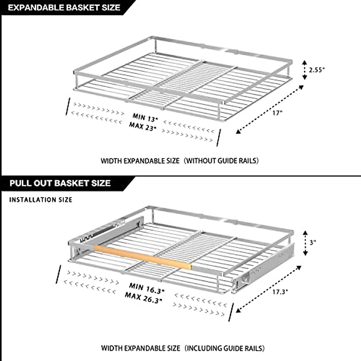 2Pack Improve Pull Out Cabinet Organizer, 16.3~26.3"W x 17"D Heavy Duty Slide Out Cabinet Drawers, Expandable Width Under Sink Organizers and Storage for Kitchen Cabinets,Bathroom, Bedroom (2 Pack)