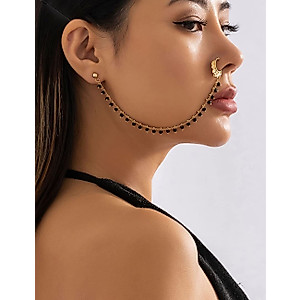 Kenjudess Vintage Black Beaded Tassel Nose Ring with Chain to Ear Stud Non-Pierced Septum Hoop Ring Indian Belly Dance Party Nose Accessories for Women and Girls (Black)