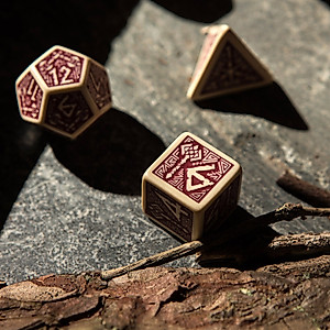 Q-Workshop Dwarven Beige & Burgundy RPG Ornamented Dice Set 7 Polyhedral Pieces