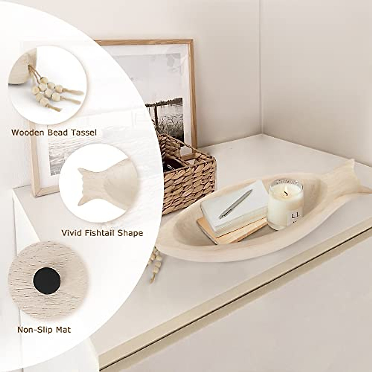 Decorative Bowl with Wooden Bead Tassels, Hand Carved Fish Shaped Coastal Decor, Table Centerpieces Bowl, Small Decorative Tray, Home Decor Accents for Farmhouse Boho Rustic Style (15.7"x 6.5")