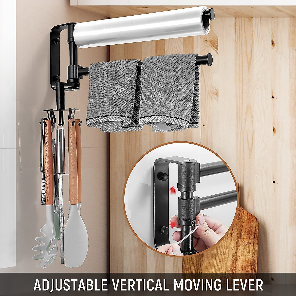 LeFroom Paper Towel Holder, 2-in-1 Punch-Free or Wall Mounted Paper Towel Roll Rack with 8 Hooks for Kitchen,Shower Bathroom,Laundry Room Rack ,Camper Rack , Counter Space Saver