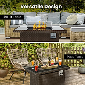 PRIMETEK 2-in-1 Fire Pit Table for Patio, Brown Wicker - 44", 50,000 BTU, Wind Guard, and Glass Rocks (FPH-BRN) (44 x 32 x 24 inch)