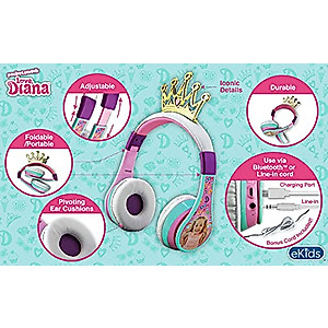 eKids Love Diana Kids Bluetooth Headphones, Wireless Headphones with Microphone Includes Aux Cord, Volume Reduced Kids Foldable Headphones for School, Home, or Travel