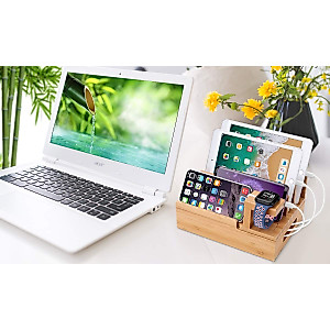 OthoKing Charging Station Organizer,Fast Charging Station for Multiple Device 5-Port USB Bamboo Wood Charging Dock,Universal Apple Watch Phone Pad and Android Like Samsung Cell Phones & Tablets