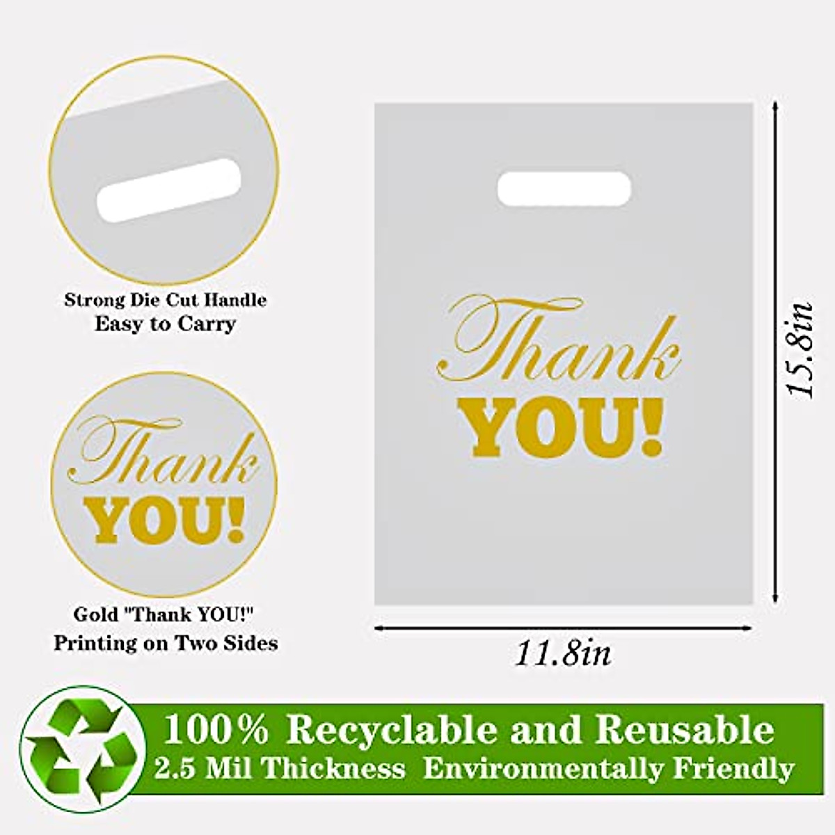 50Pcs Thank You Merchandise Bags, Extra Thick 2.5Mil Retail Shopping Bag for Boutique, Stores, Business Gift, Reusable Plastic Bags with Handle (Medium 11.8"x15.8" Clear)