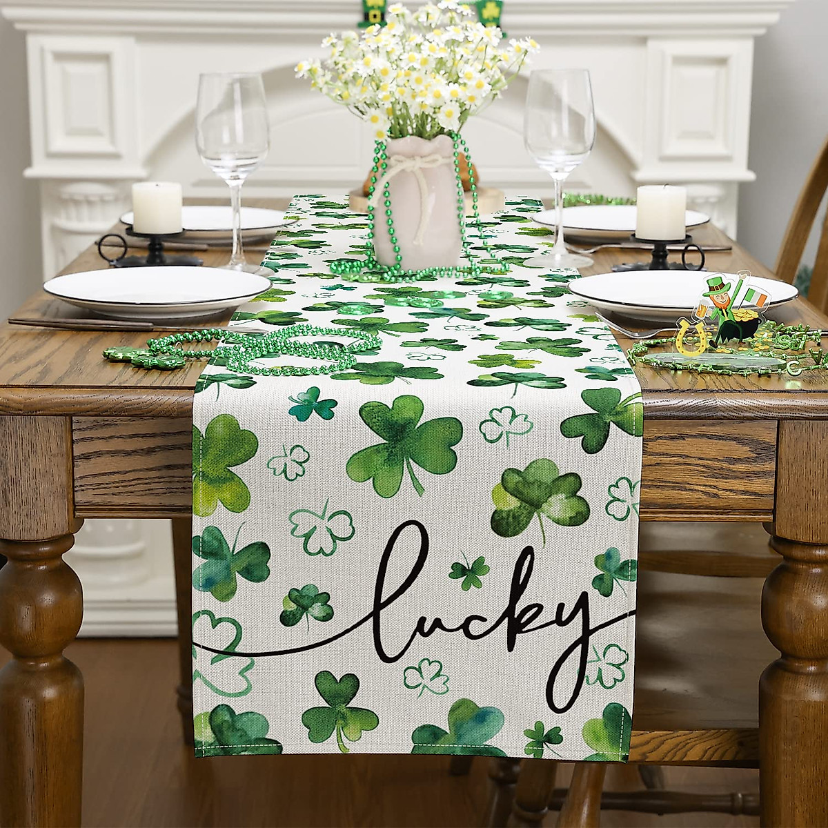 Siilues St Patricks Day Table Runner, Lucky St Patricks Day Decoraions Green Shamrock Seasonal Spring Holiday Table Decorations for Indoor Outdoor Dining Table Decor (13'' x 72'')