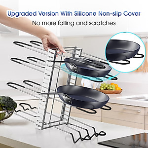 G-TING Pot Rack Organizers, 8 Tiers Pots and Pans Organizer for Kitchen Organization & Storage, Adjustable Pot Lid Holders & Pan Rack, Lid Organizer for Pots and Pans with 3 DIY Methods(Silver)