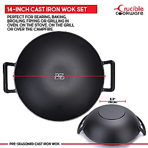 Crucible Cookware 14-Inch Cast Iron Wok Set (Pre-Seasoned), Glass Lid & Silicone Hot Handle Holders