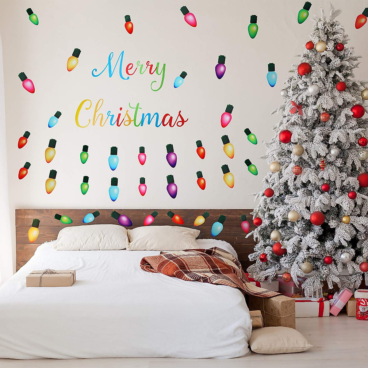91 Pieces Christmas Wall Stickers Christmas PVC Merry Christmas Lights Bulb Wall Decals for Christmas Decoration