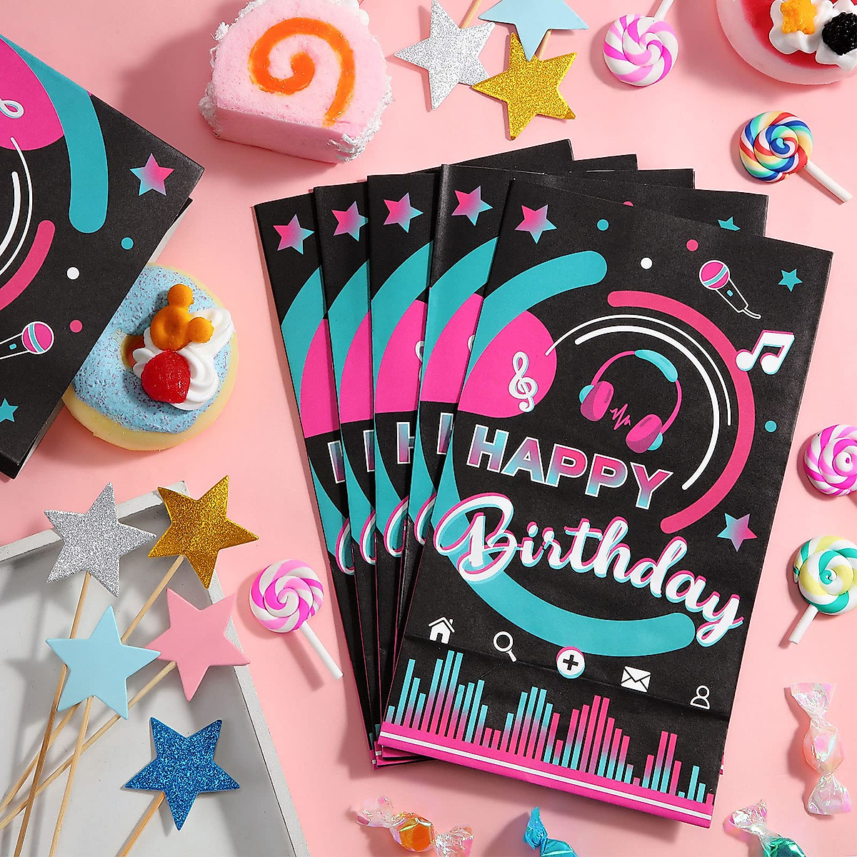 24 Pieces Music Party Paper Bags, Happy Birthday Party Treat Bags Candy Goodie Bags for Teens Social Media Theme Birthday Party Favor, 8.3 x 4.7 x 3.1 Inch