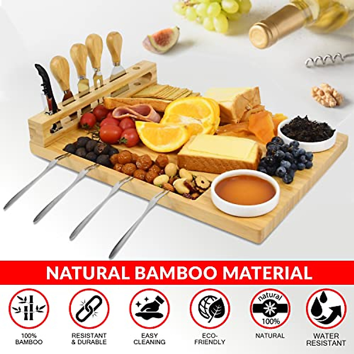 Charcuterie Board Set - Bamboo Cheese Board with Knife Set, Wine Opener, Ceramic Bowls & Forks - Removable Magnetic Utensils Holder for Easy Cleaning - Gifts for Housewarming, Weddings & Anniversaries